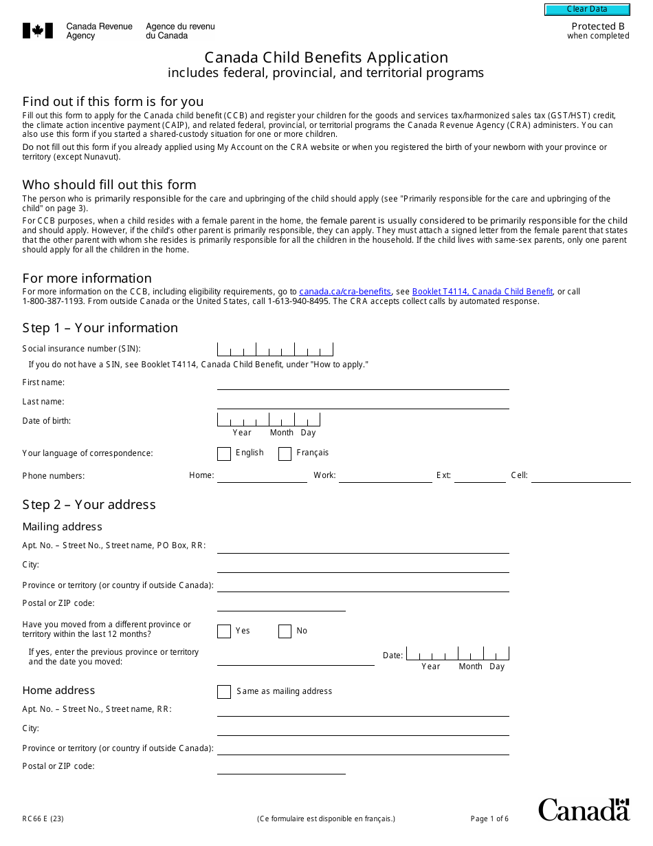 Form RC66 Download Fillable PDF or Fill Online Canada Child Benefits ...