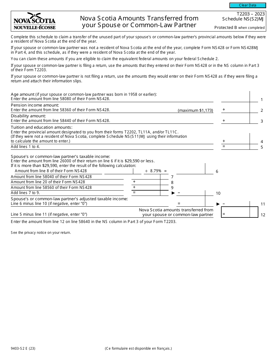 Form T2203 (9403-S2) Schedule NS(S2)MJ Download Fillable PDF or Fill Online Nova Scotia Amounts ...