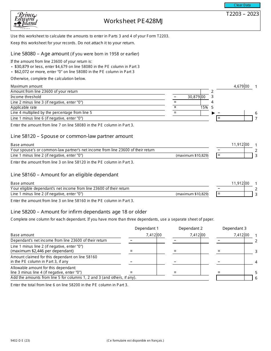 Form T2203 (9402-D) Worksheet PE428MJ - 2023 - Fill Out, Sign Online ...
