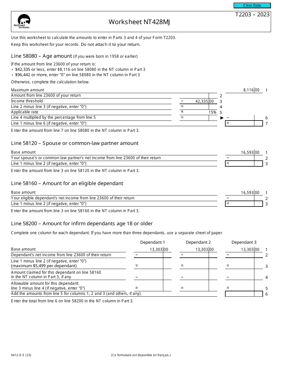 Form T2203 (9412-D) Worksheet NT428MJ - 2023 - Fill Out, Sign Online ...