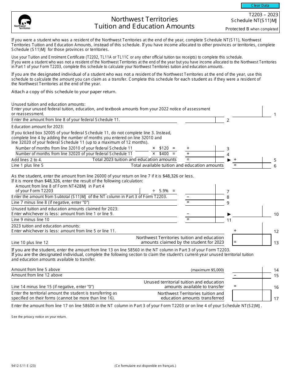 Form T2203 (9412-S11) Schedule NT(S11)MJ - 2023 - Fill Out, Sign Online ...