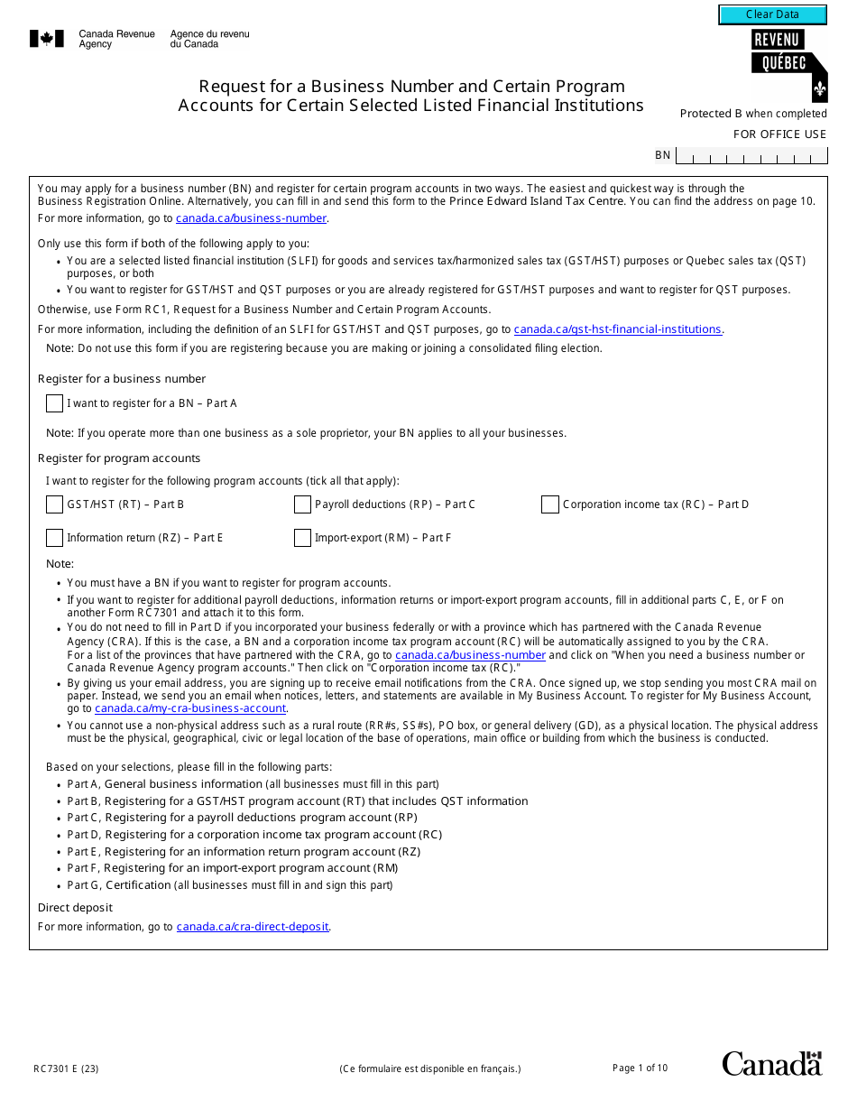 Form RC7301 - Fill Out, Sign Online and Download Fillable PDF, Canada ...