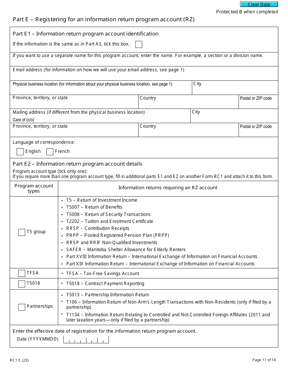 Form RC1 Download Fillable PDF or Fill Online Request for a Business Number and Certain Program ...