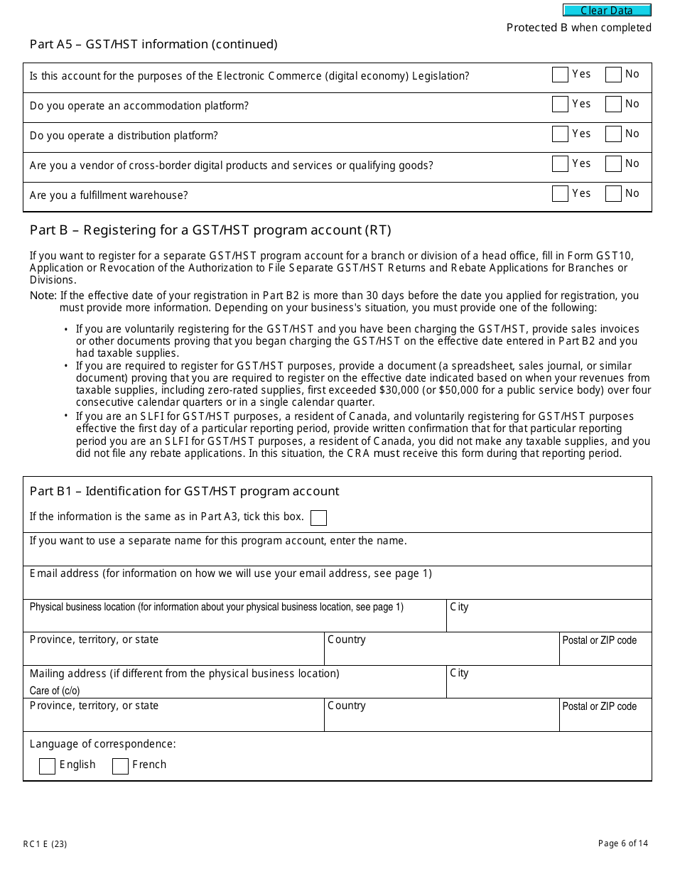 Form RC1 Download Fillable PDF or Fill Online Request for a Business Number and Certain Program ...