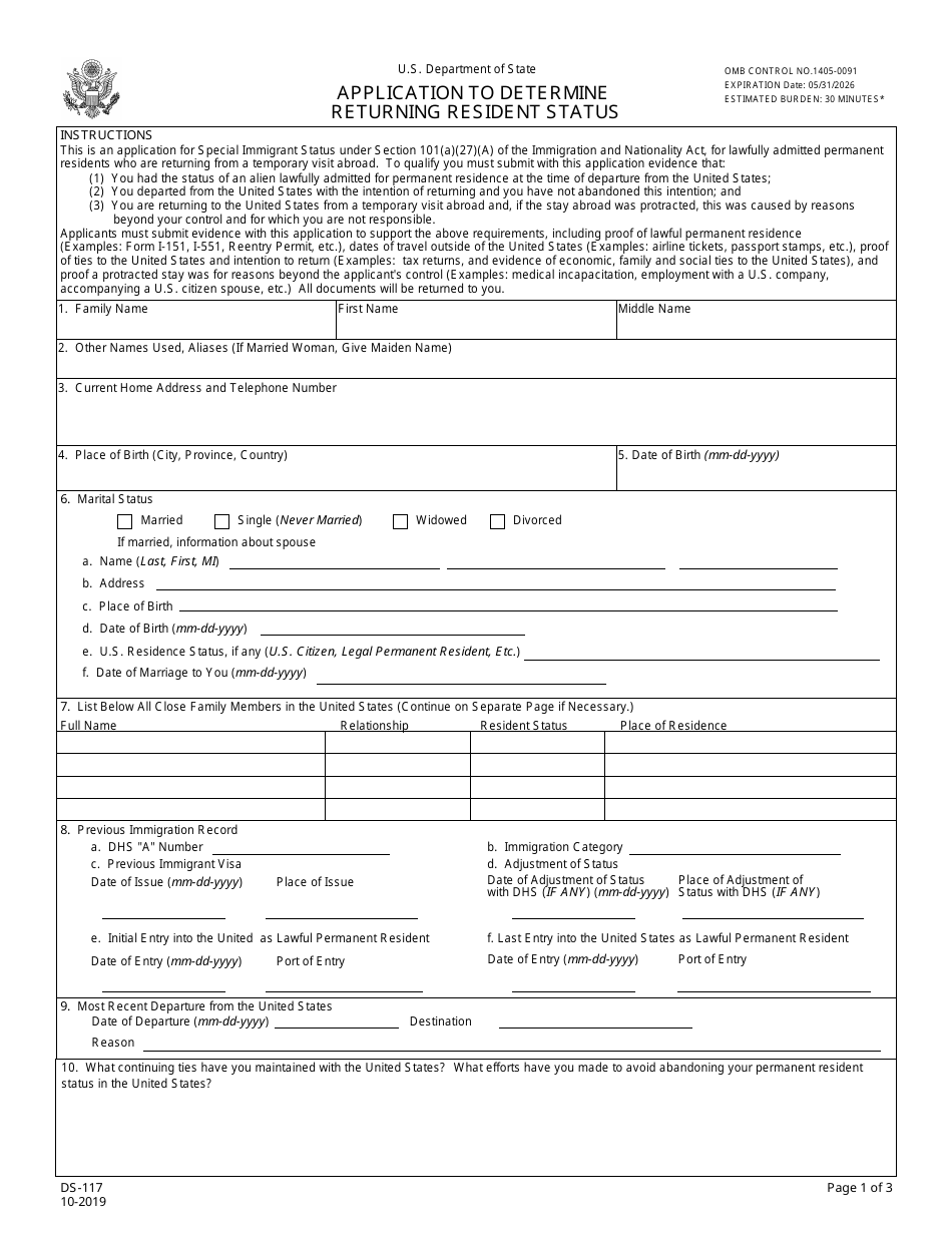 Form DS-117 Download Fillable PDF or Fill Online Application to ...