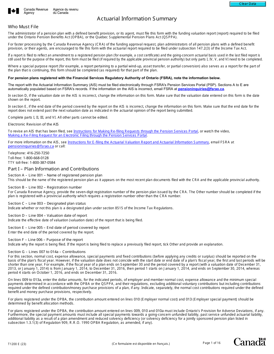 Form T1200 Download Fillable PDF or Fill Online Actuarial Information ...