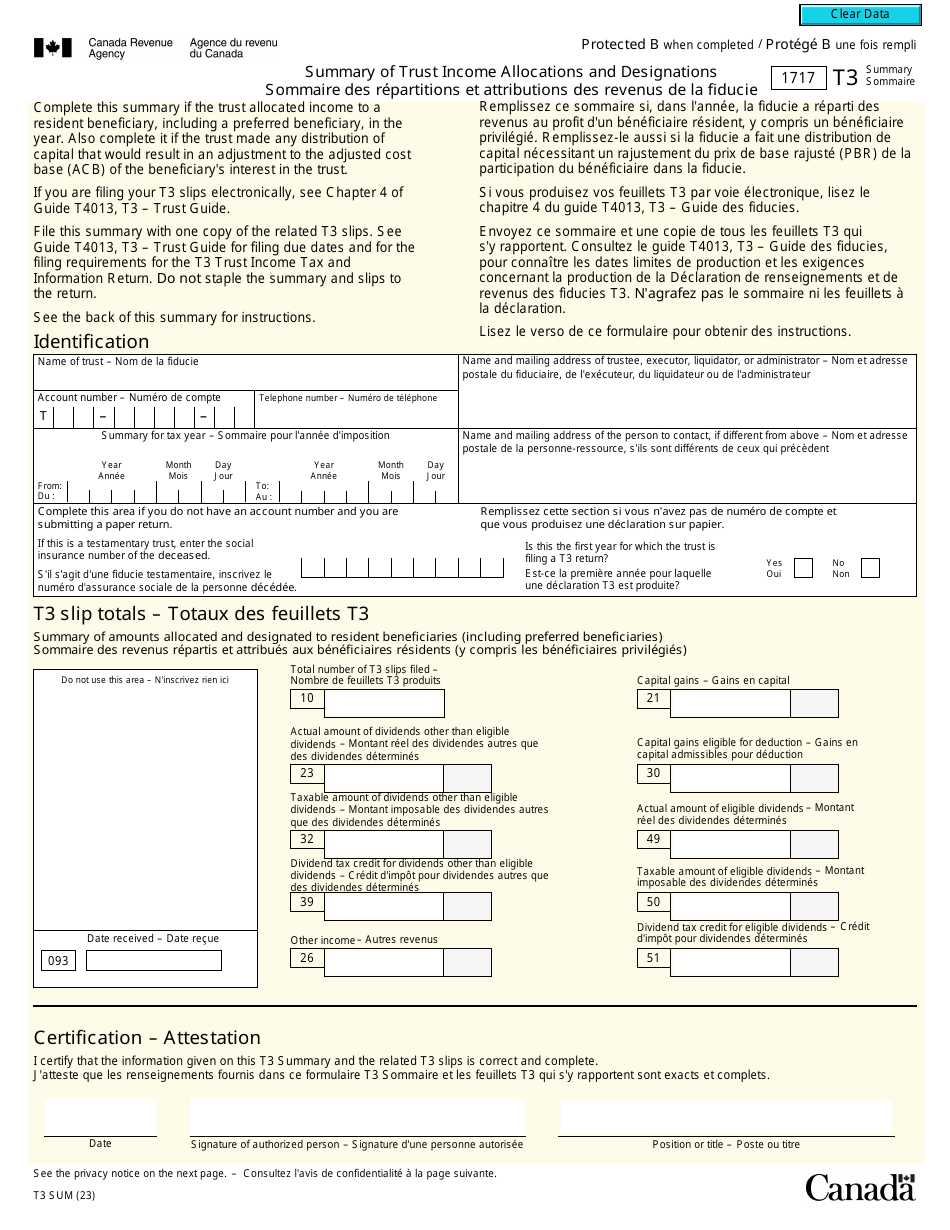 Form T3 SUM Download Fillable PDF or Fill Online Summary of Trust ...