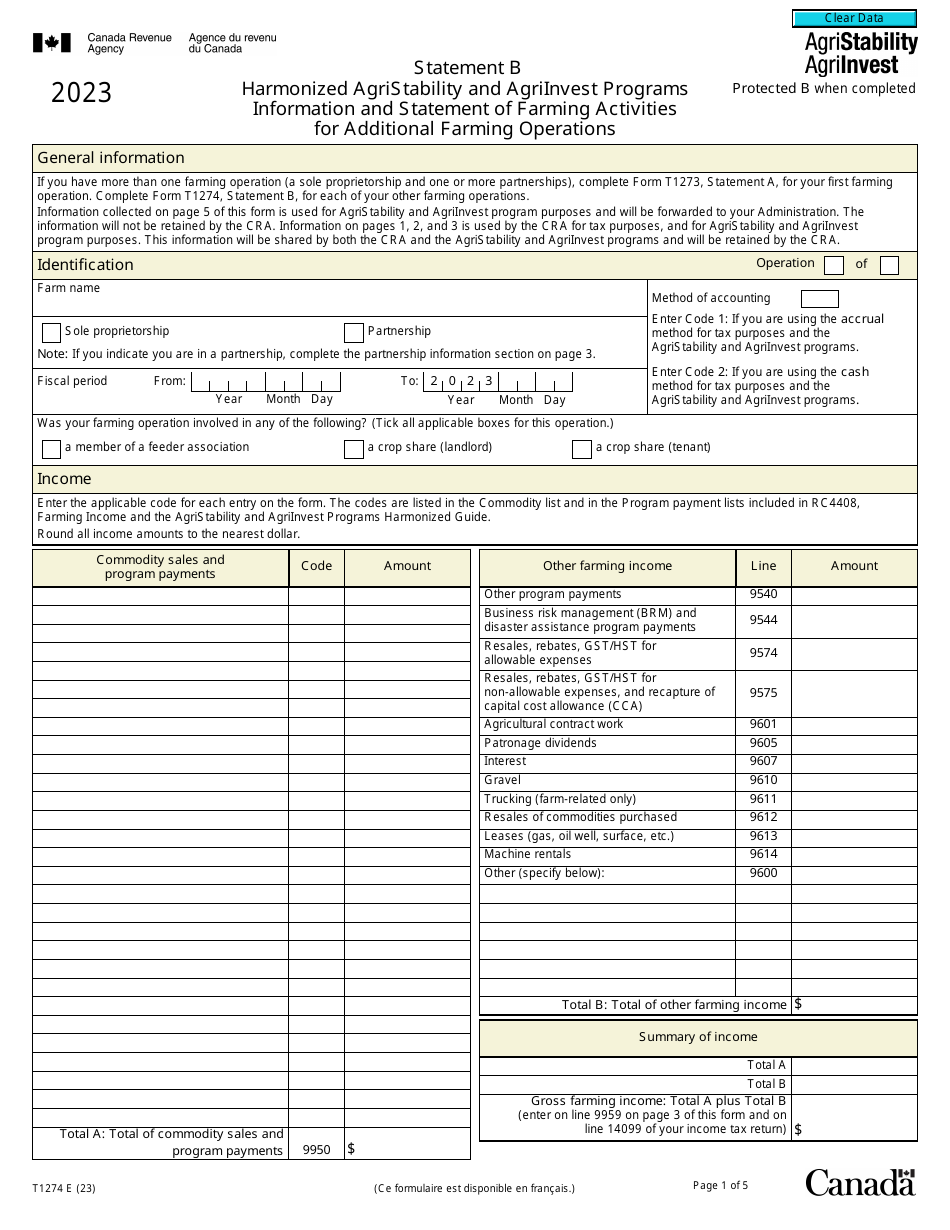 Form T1274 Download Fillable PDF or Fill Online Statement B ...