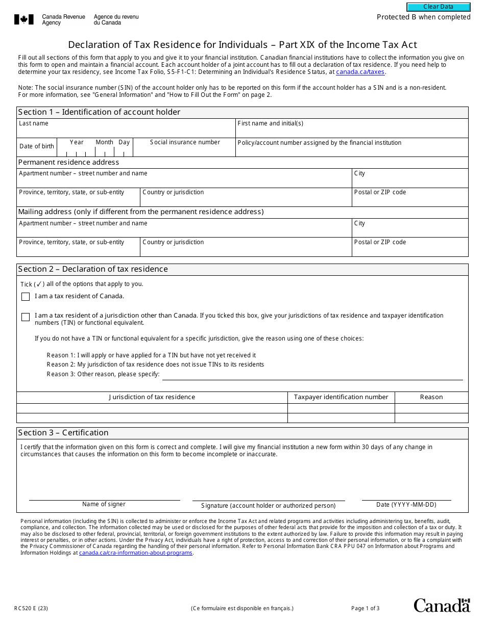 Form RC520 Download Fillable PDF or Fill Online Declaration of Tax ...