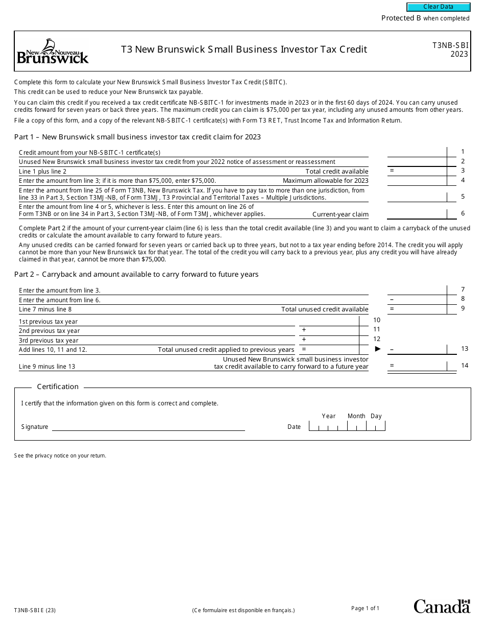 Form T3NB-SBI Download Fillable PDF or Fill Online New Brunswick Small ...