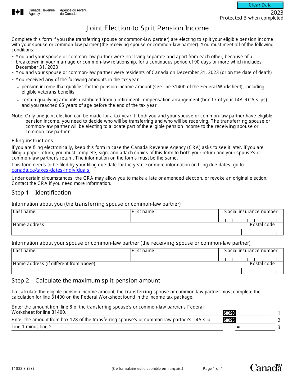 Form T1032 Download Fillable PDF or Fill Online Joint Election to Split ...