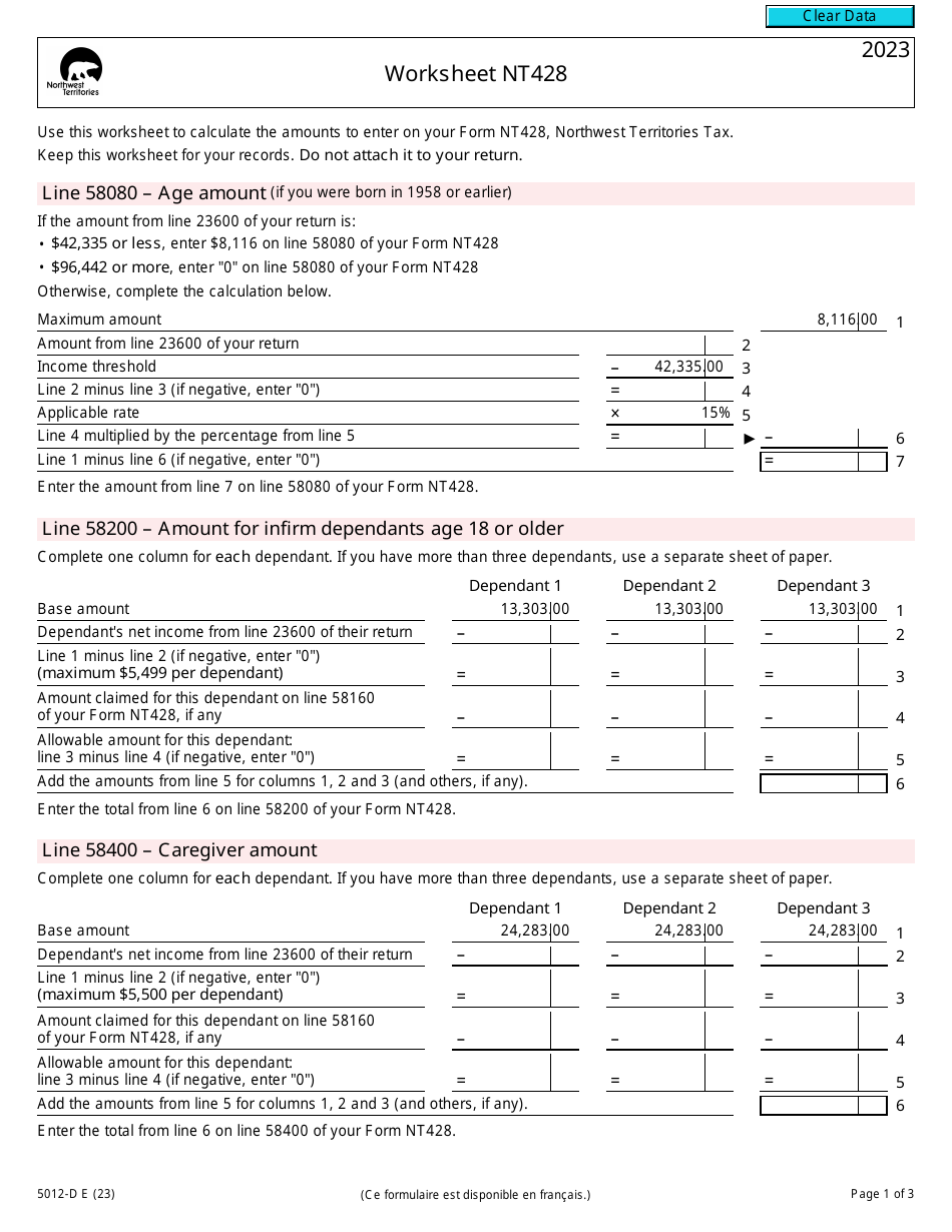 Form 5012-D Worksheet NT428 Download Fillable PDF or Fill Online ...