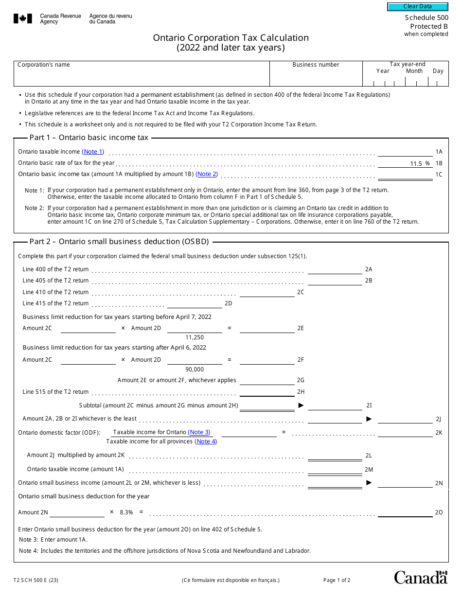 Form T2 Schedule 500 Download Fillable PDF or Fill Online Ontario ...