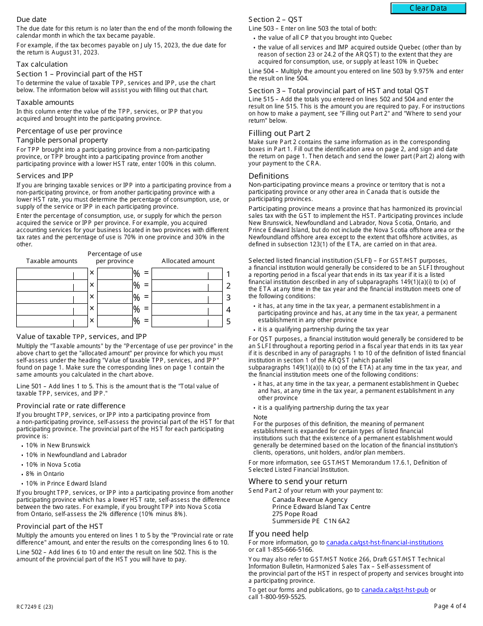 Form RC7249 Download Fillable PDF or Fill Online Return for Self ...
