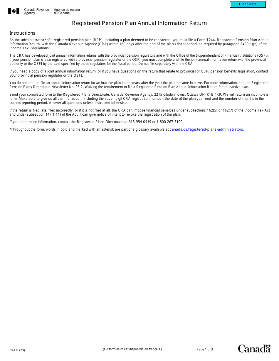 Form T244 Download Fillable PDF or Fill Online Registered Pension Plan ...