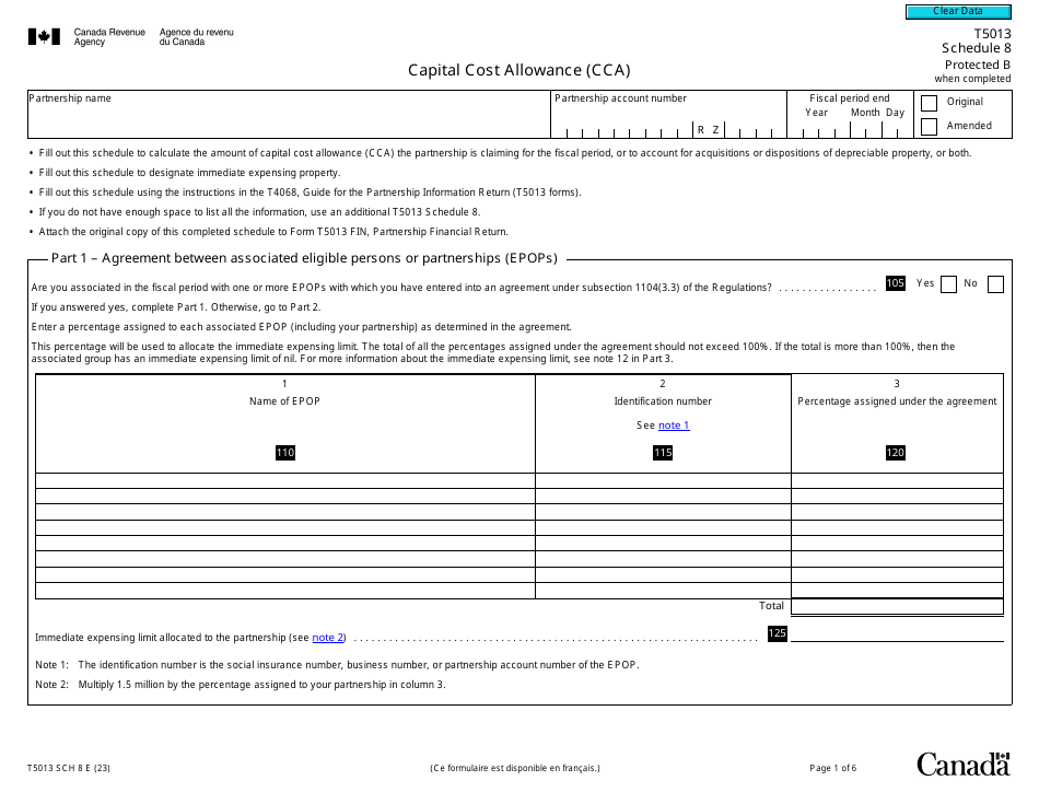 Form T5013 Schedule 8 Download Fillable PDF or Fill Online Capital Cost ...