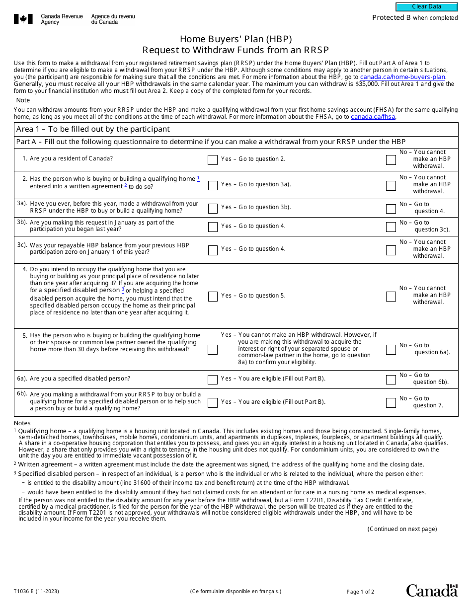 Form T1036 Download Fillable PDF or Fill Online Home Buyers' Plan (Hbp ...