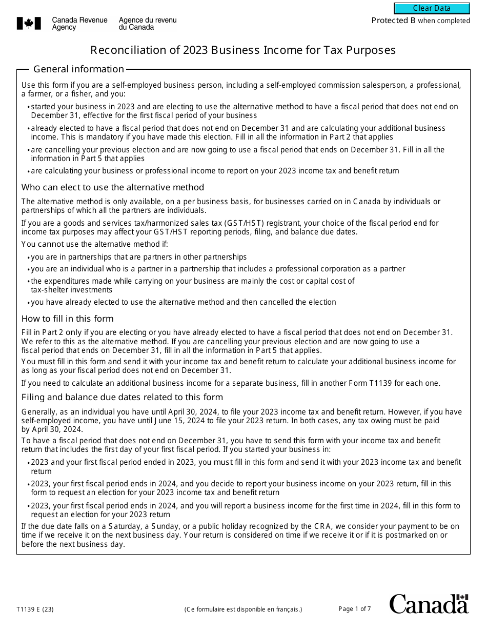 Form T1139 - 2023 - Fill Out, Sign Online and Download Fillable PDF ...