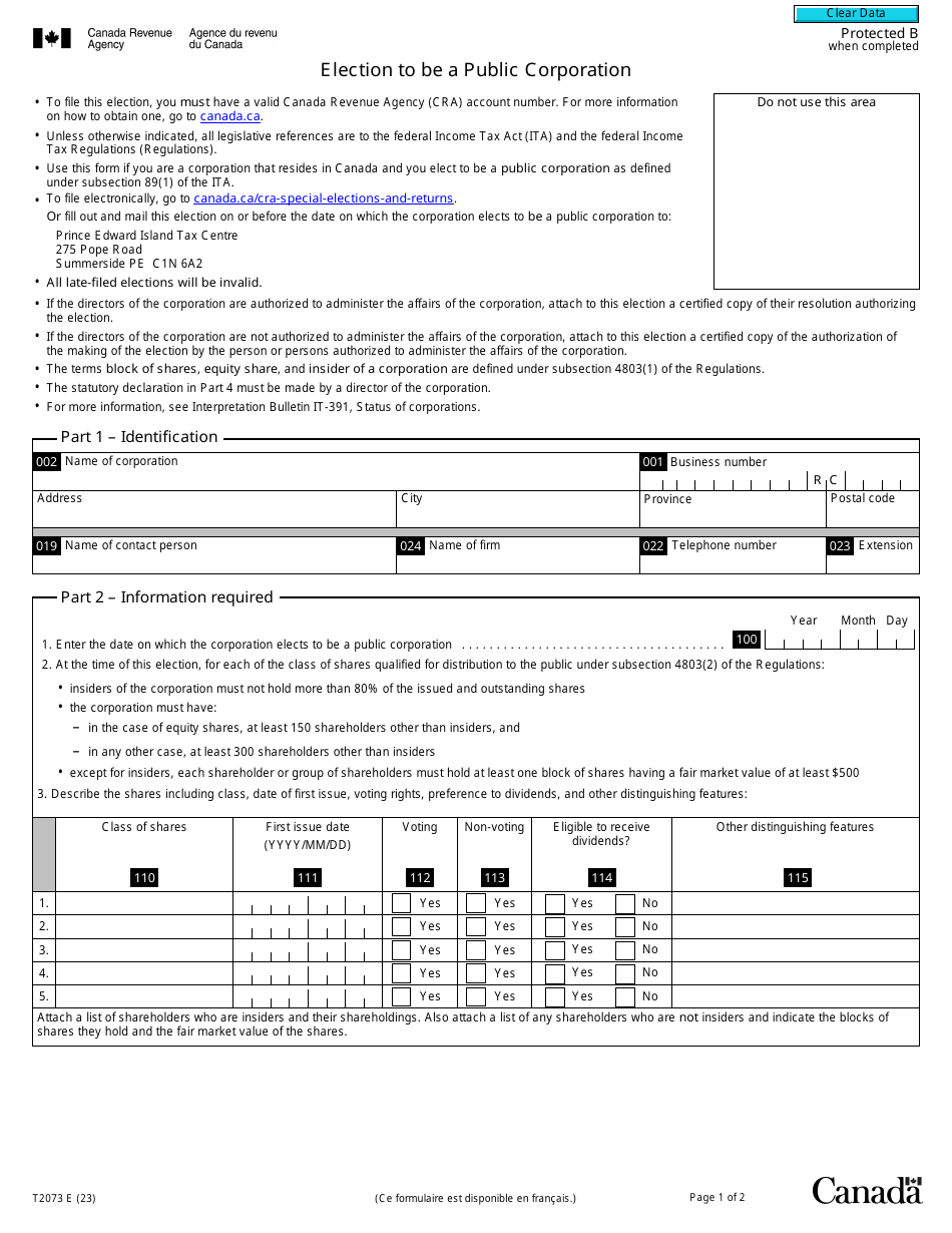 Form T2073 Download Fillable PDF or Fill Online Election to Be a Public ...