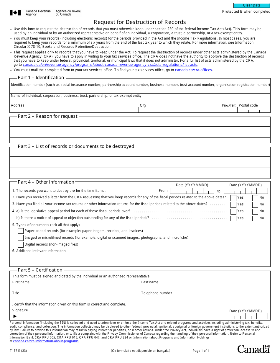 Form T137 Download Fillable PDF or Fill Online Request for Destruction ...