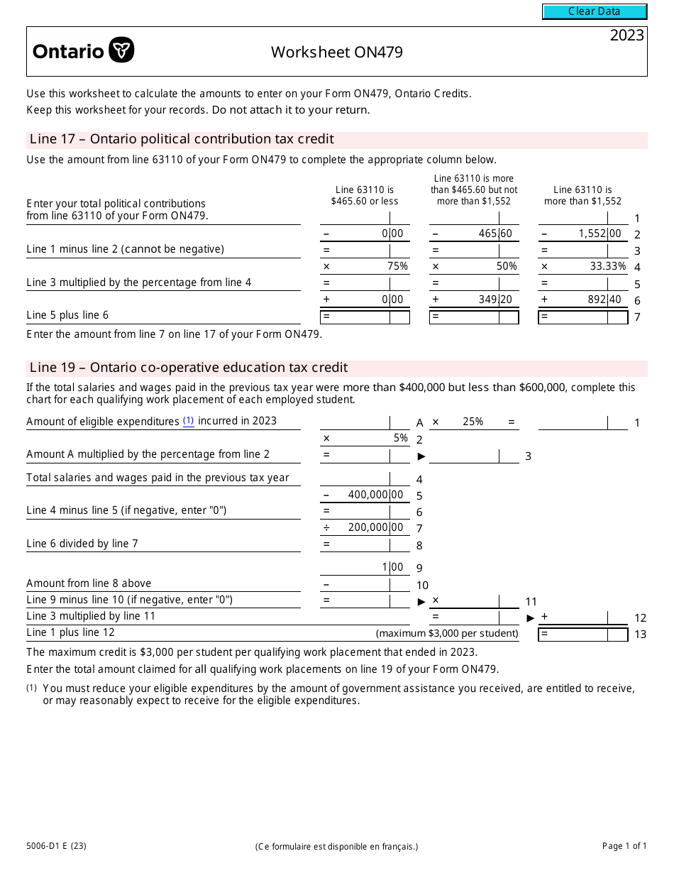 Form 5006-D1 Worksheet ON479 Download Fillable PDF or Fill Online ...