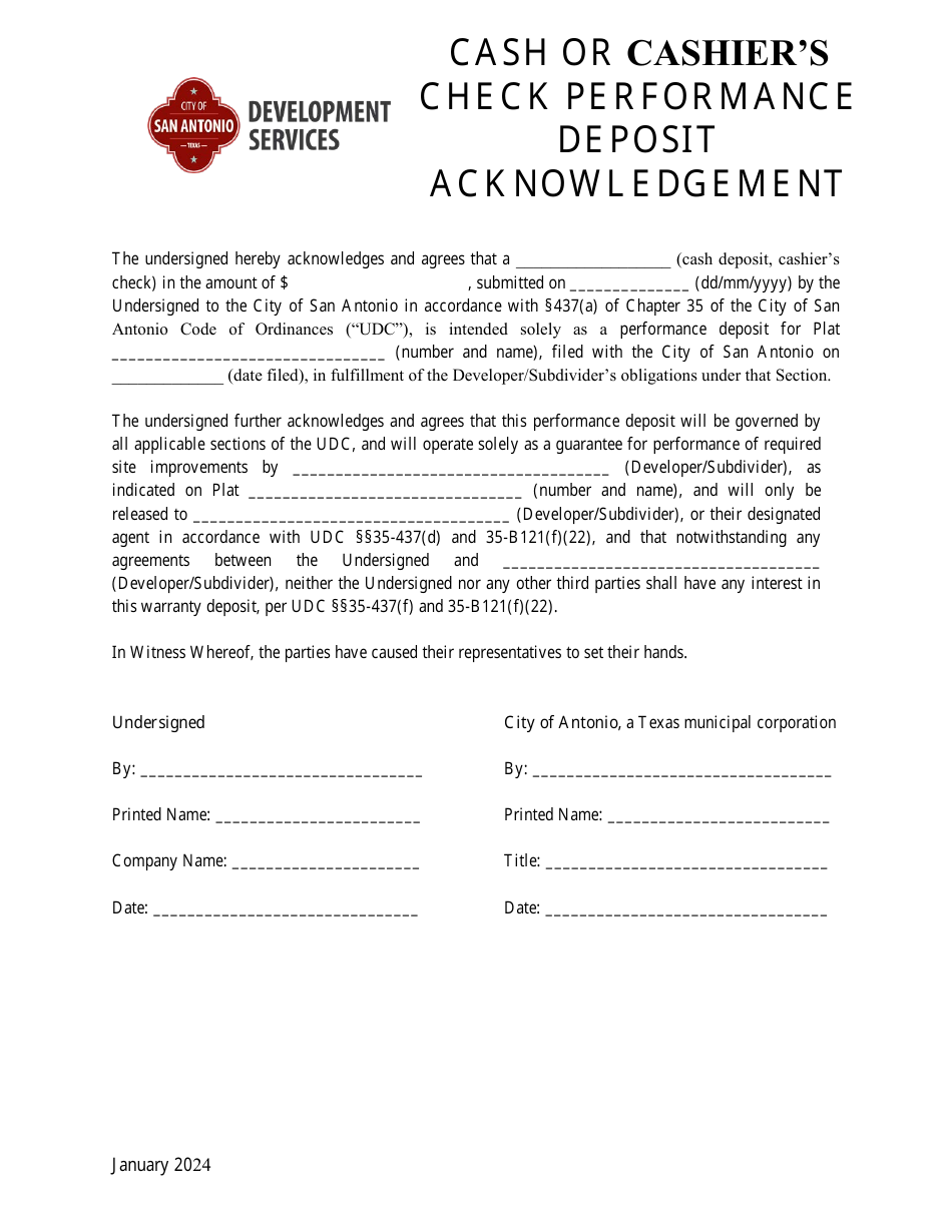 City of San Antonio, Texas Cash or Cashier's Check Performance Deposit ...