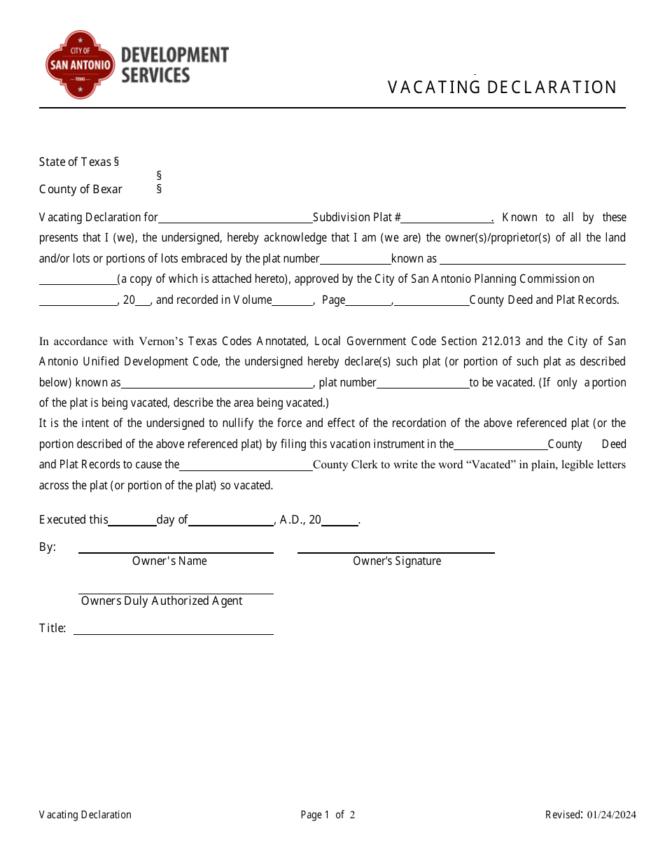 City of San Antonio, Texas Vacating Declaration - Fill Out, Sign Online ...