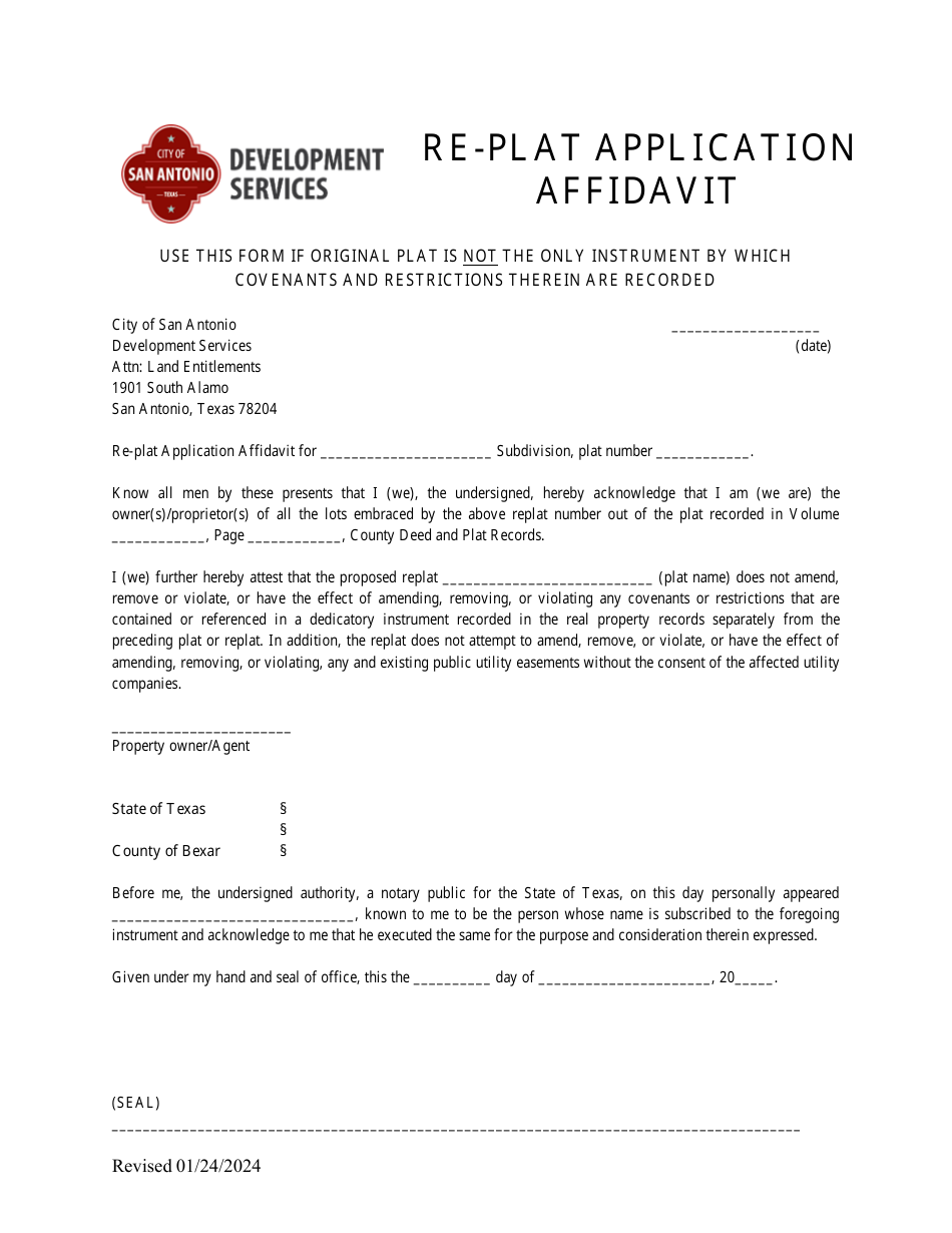 City of San Antonio, Texas Re-plat Application Affidavit - Fill Out ...