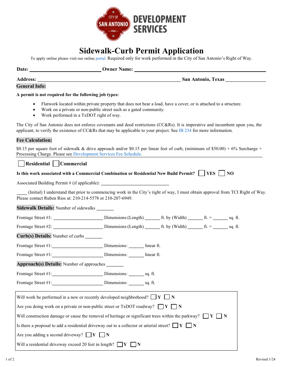 City of San Antonio, Texas Sidewalk-Curb Permit Application - Fill Out ...