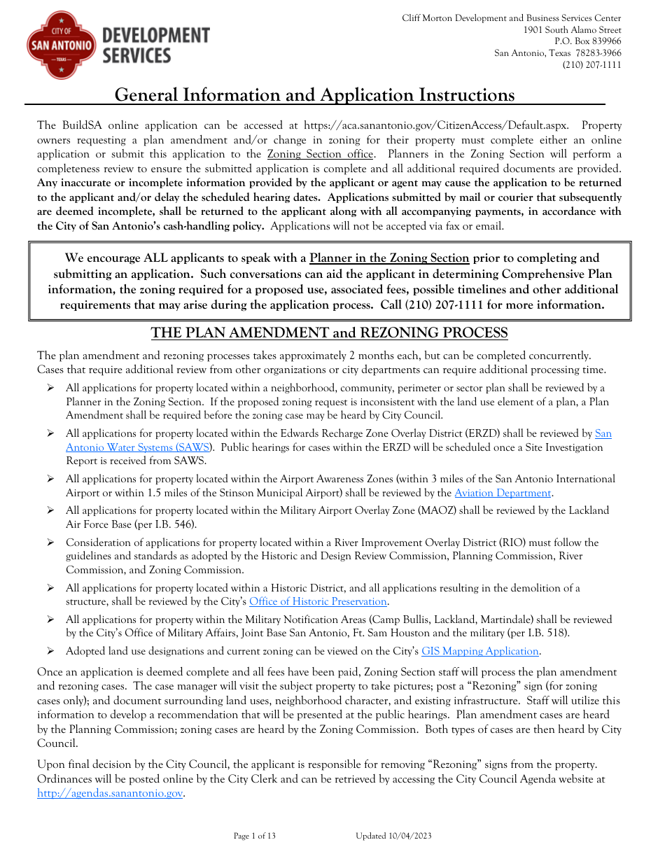City of San Antonio, Texas Application for Change of Zoning/Plan ...