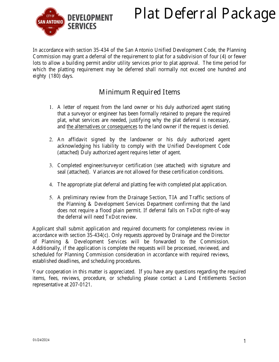 City of San Antonio, Texas Plat Deferral Package - Fill Out, Sign ...