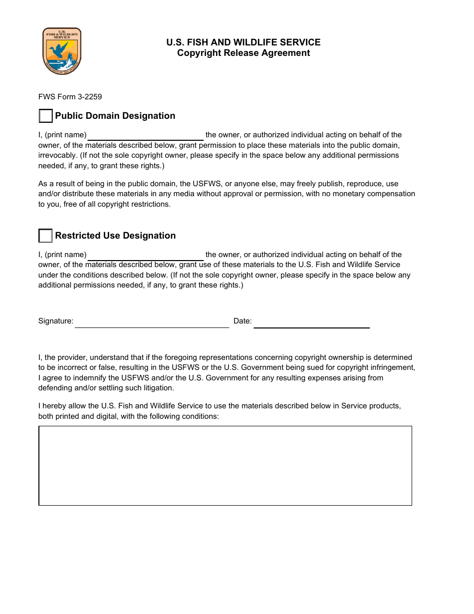 FWS Form 3-2259 Download Fillable PDF or Fill Online Copyright Release ...
