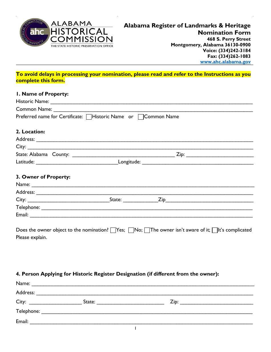 Alabama Alabama Register of Landmarks & Heritage Nomination Form - Fill Out, Sign Online and ...