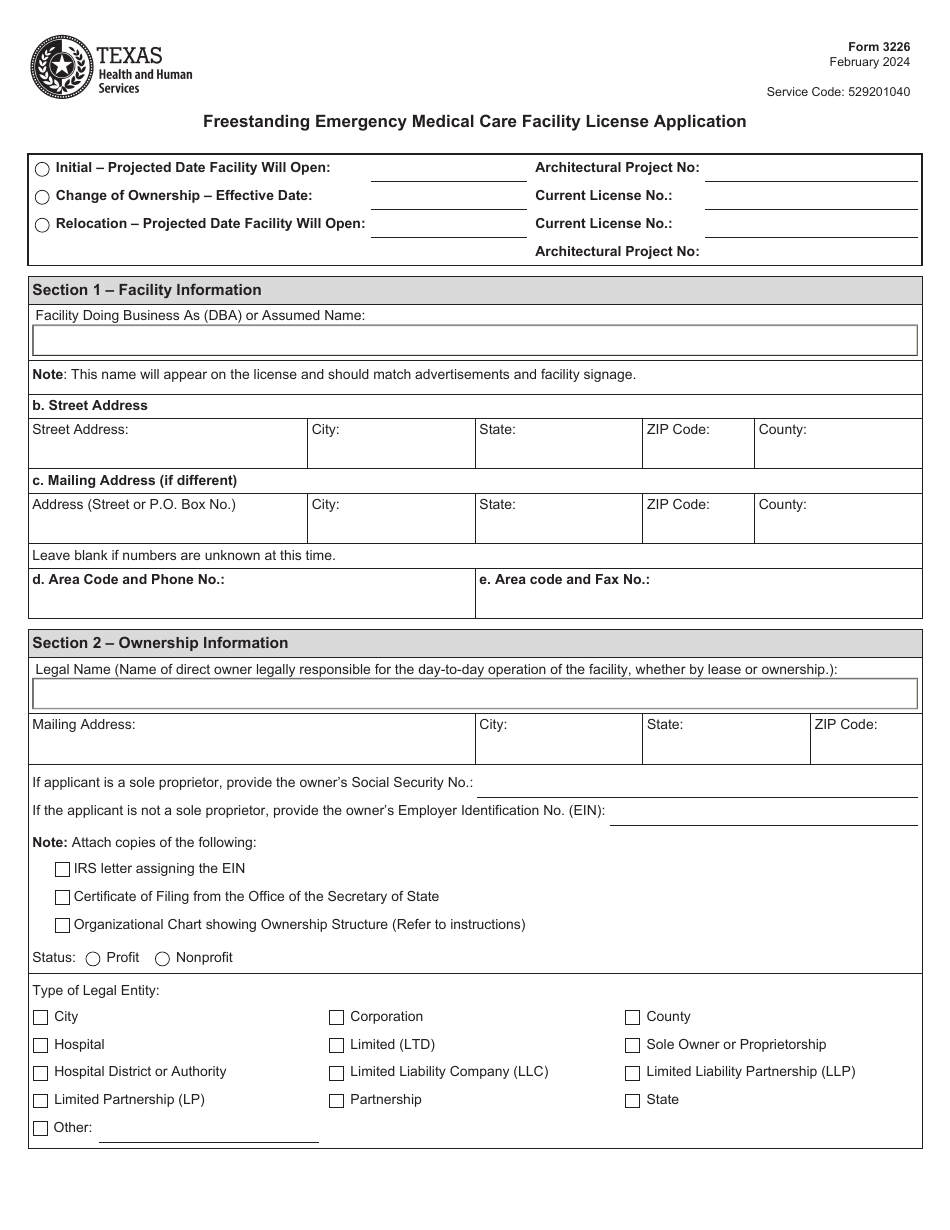 Form 3226 Download Fillable PDF or Fill Online Freestanding Emergency ...
