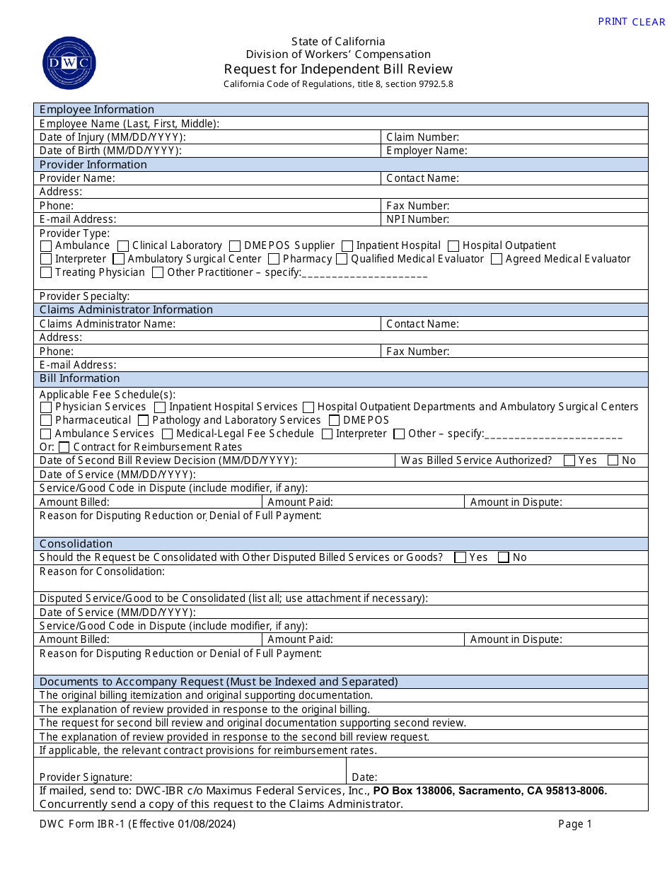 DWC Form IBR-1 Download Fillable PDF or Fill Online Request for ...