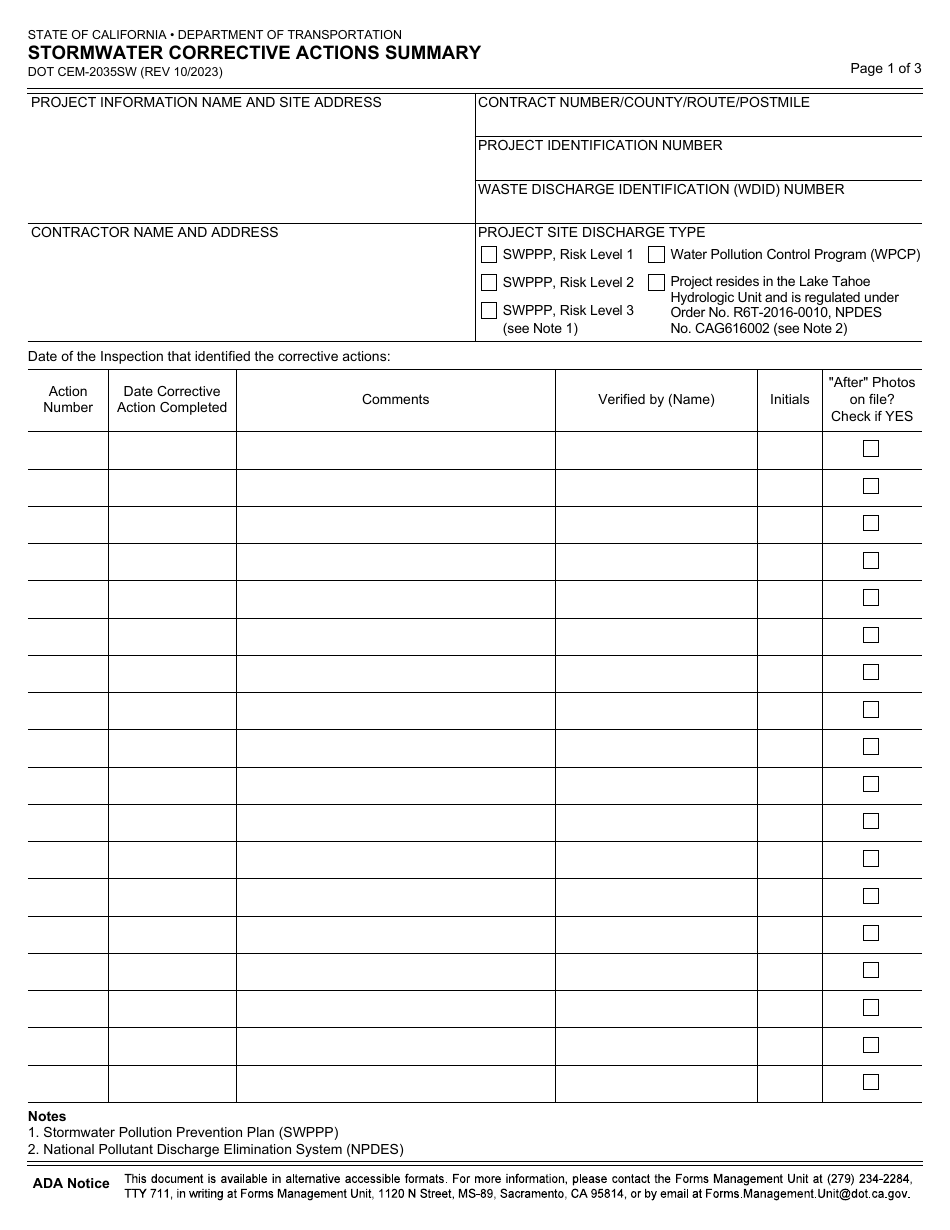 Form DOT CEM-2035SW Download Fillable PDF or Fill Online Stormwater ...