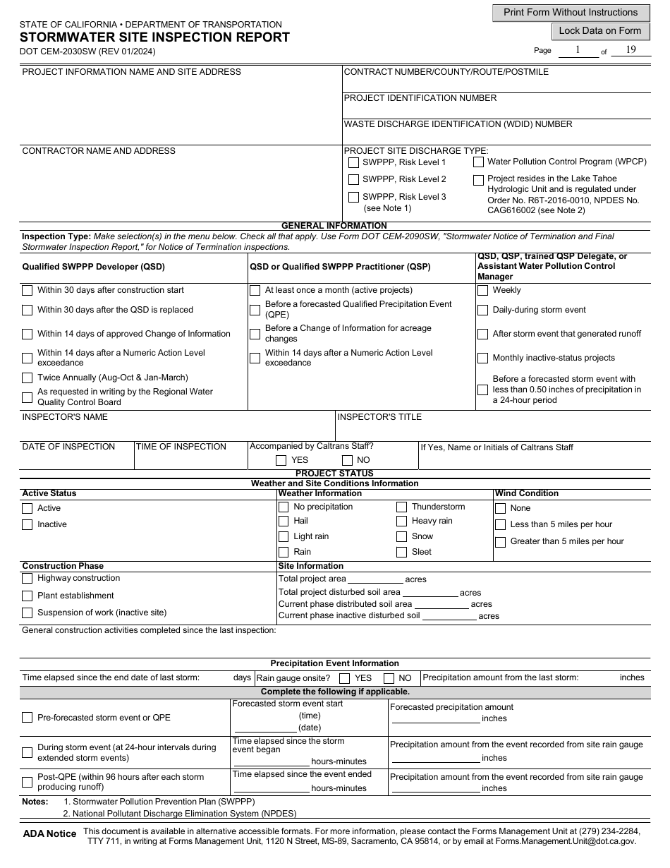 Form DOT CEM-2030SW - Fill Out, Sign Online and Download Fillable PDF ...