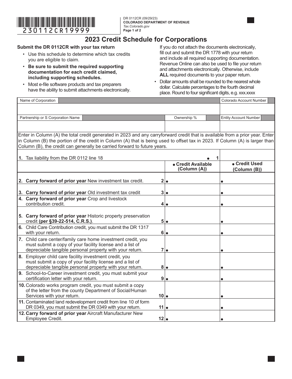Form DR0112CR Download Fillable PDF or Fill Online Credit Schedule for ...