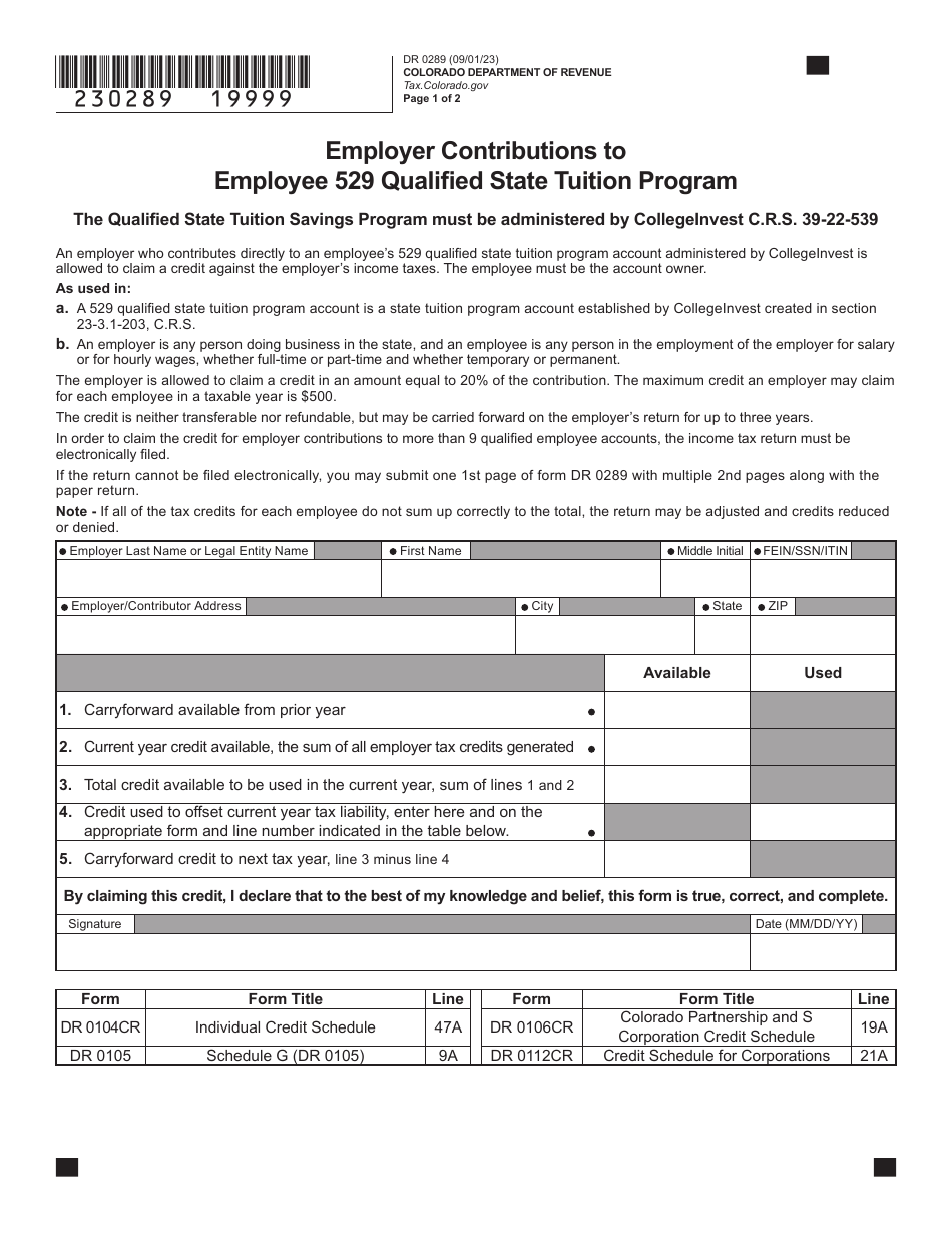 Form DR0289 Download Fillable PDF or Fill Online Employer Contributions ...
