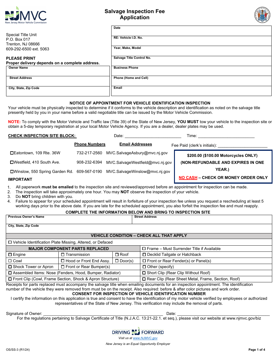 Form OS/SS-3 Download Fillable PDF or Fill Online Salvage Inspection ...