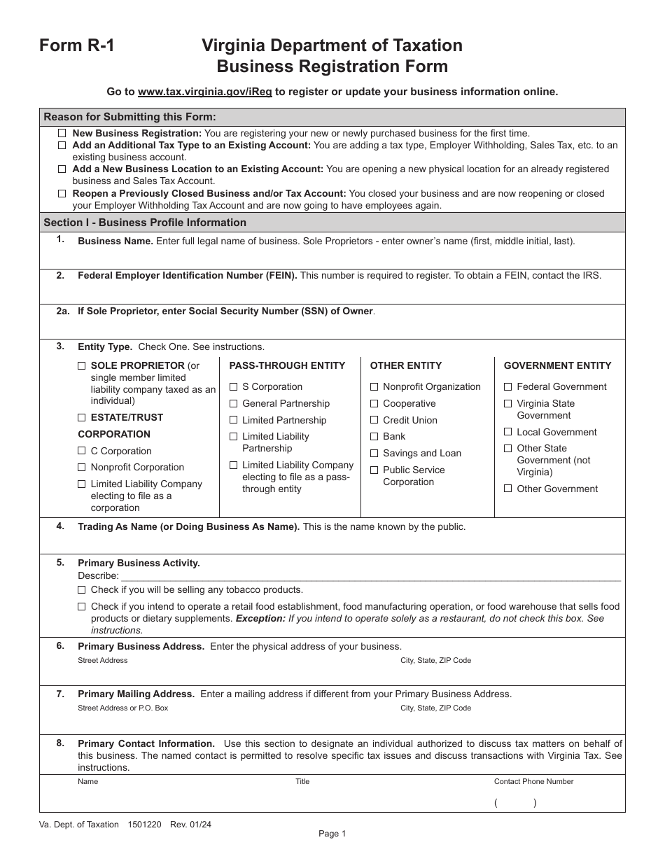 Form R-1 Download Fillable PDF or Fill Online Business Registration ...