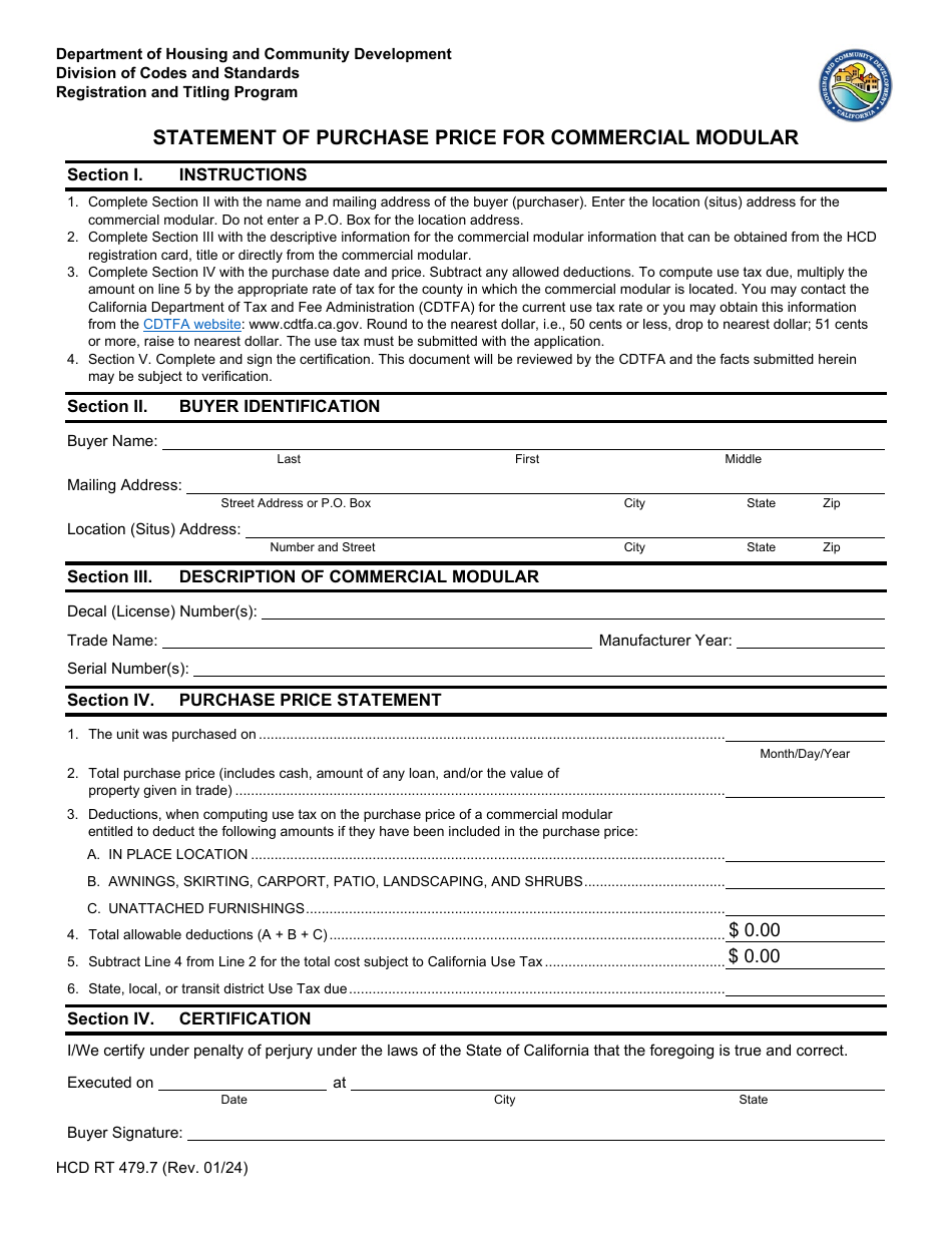 Form HCD RT479.7 - Fill Out, Sign Online and Download Fillable PDF ...