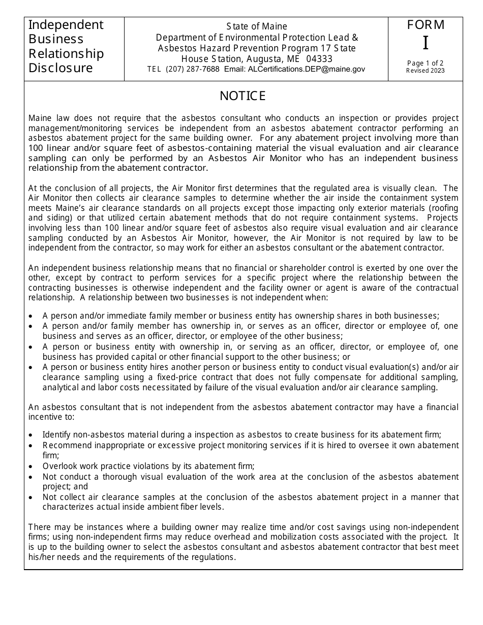 Form I - Fill Out, Sign Online and Download Fillable PDF, Maine ...