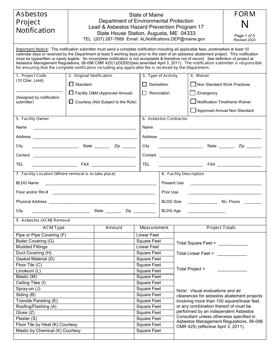 Form N Download Fillable PDF or Fill Online Asbestos Project ...