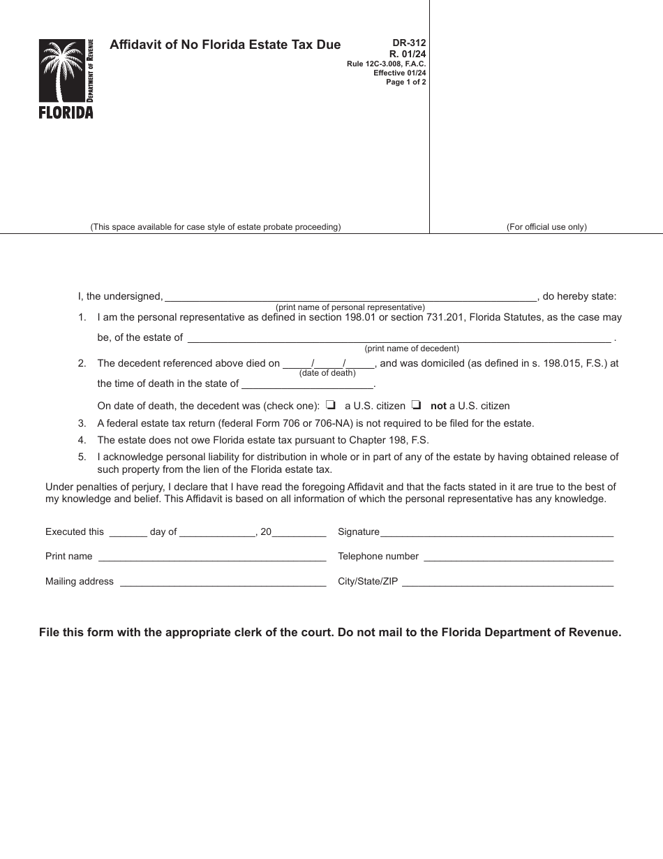 Form DR-312 Download Printable PDF or Fill Online Affidavit of No ...