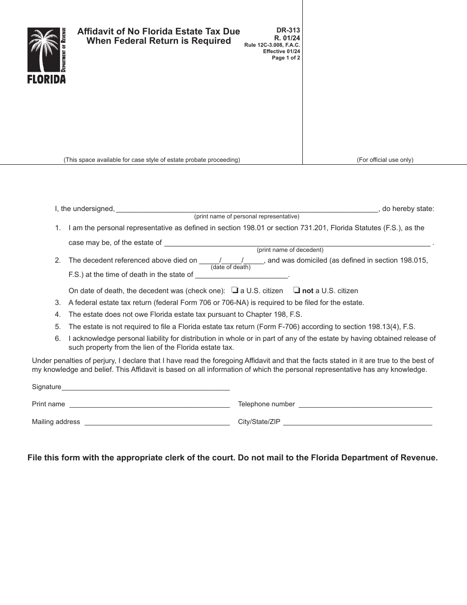 Form DR-313 Download Printable PDF or Fill Online Affidavit of No ...