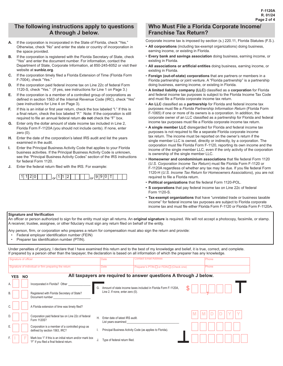 Form F-1120A Download Printable PDF or Fill Online Florida Corporate ...
