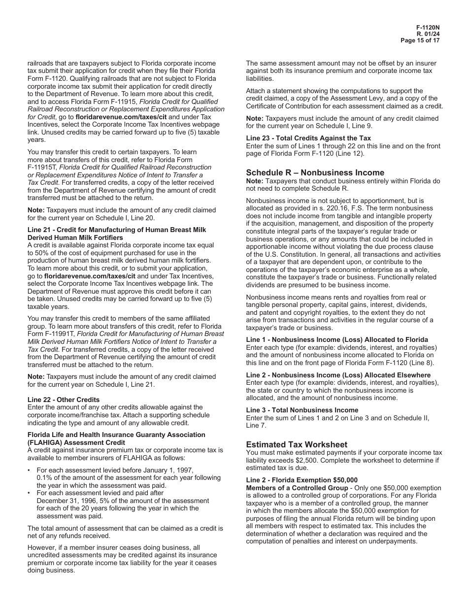 Download Instructions for Form F-1120 Florida Corporate Income ...