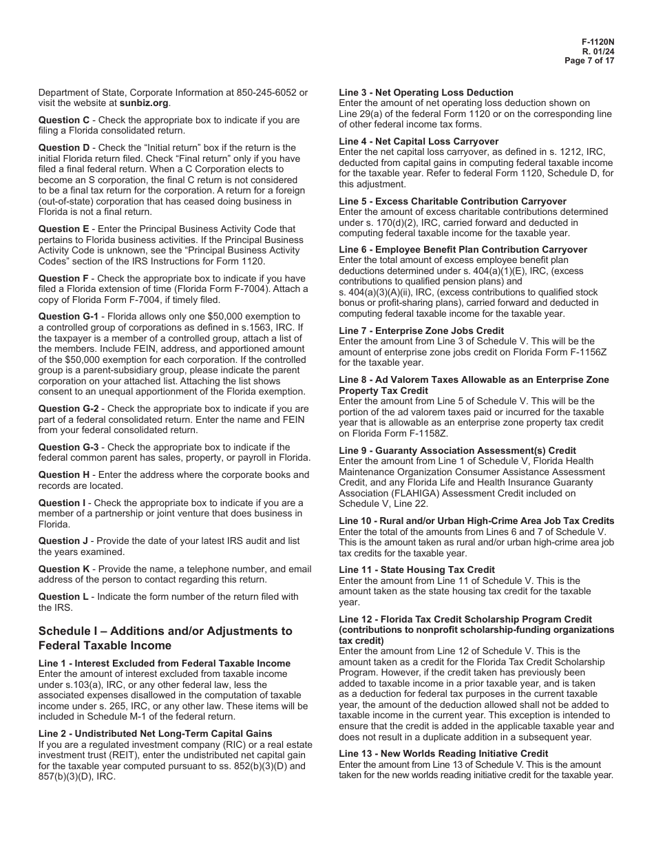 Download Instructions for Form F-1120 Florida Corporate Income ...