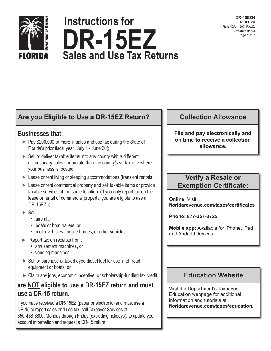Download Instructions for Form DR-15EZ Sales and Use Tax Return PDF 2020 — 2024 | Templateroller